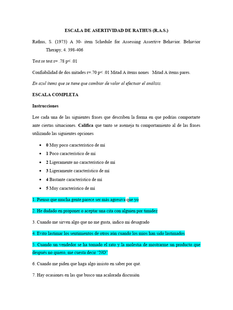 ESCALA DE ASERTIVIDAD DE RATHUS1 | PDF
