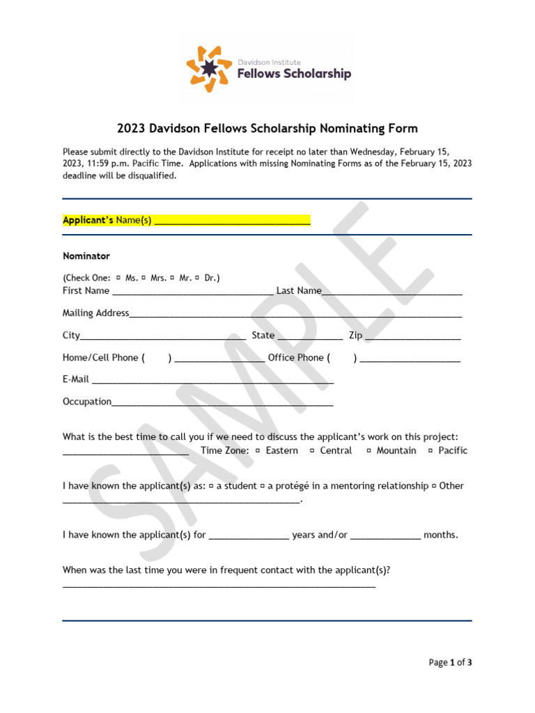2023 Davidson Fellows Scholarship Nominating | PDF
