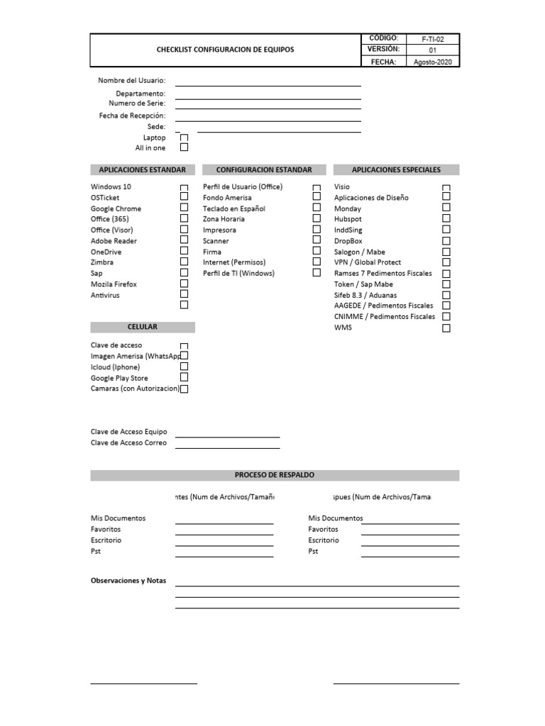 Checklist Configuracion de Equipos | PDF
