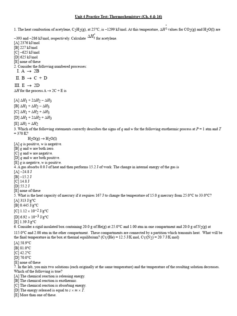 Unit 4 Practice Test (Therm | PDF | Chemistry | Physical Chemistry