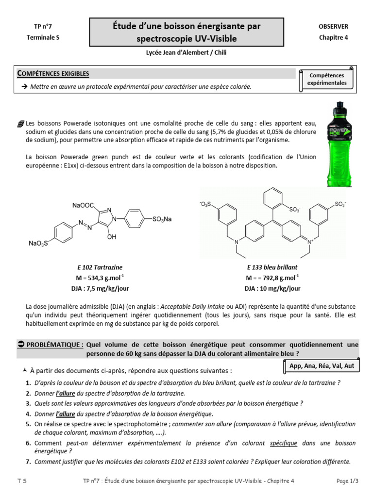 TS Chap4 TP7 Spectro UV Visible | PDF | Spectroscopie ultraviolet-visible | Spectroscopie