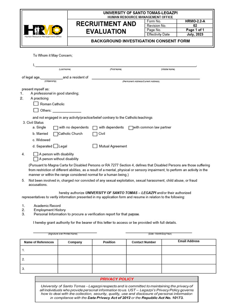 UST Legazpi Background Investigation Consent Form | PDF