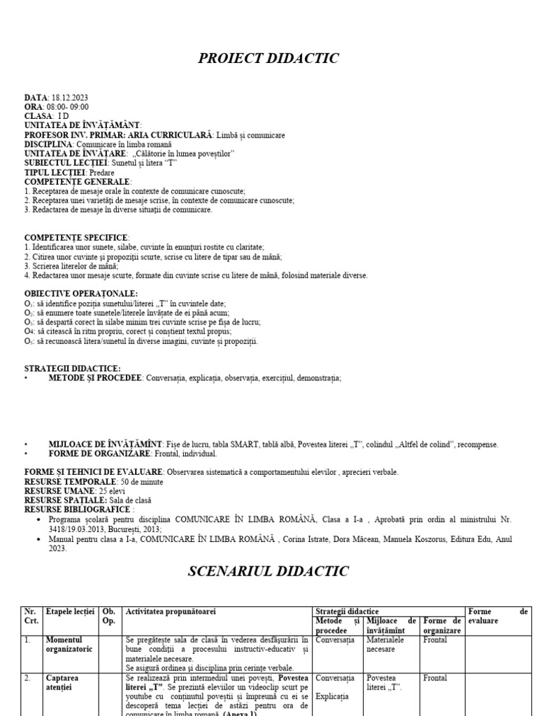 Proiect Didactic CLR Litera T | PDF