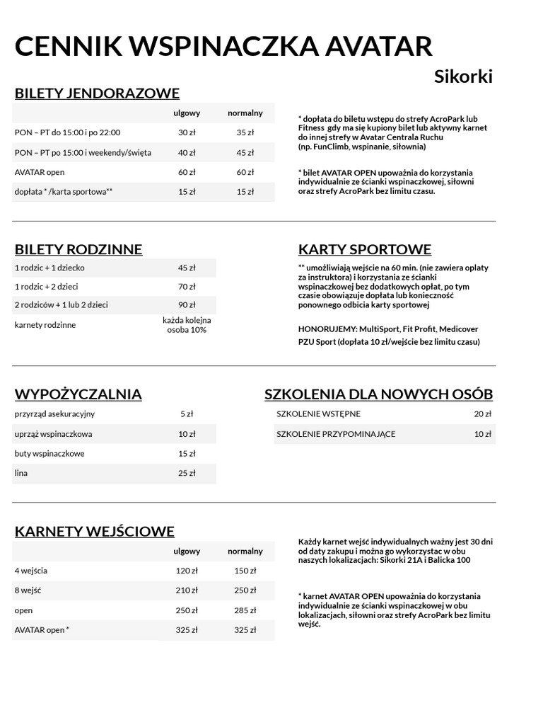 CENNIK 2023 Wspinaczak Sikorki | PDF