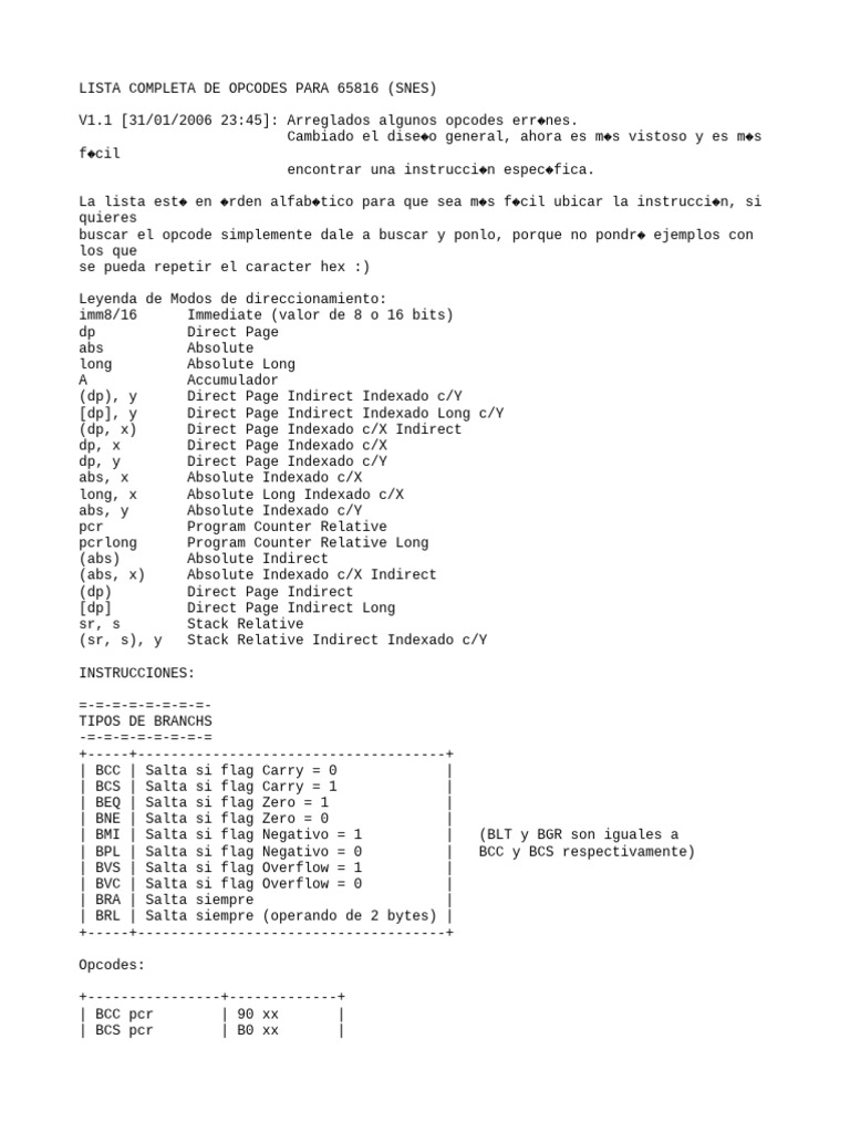 Lista Completa de Opcodes para 65816 (Snes) | PDF | Aritmética | Datos de computadora