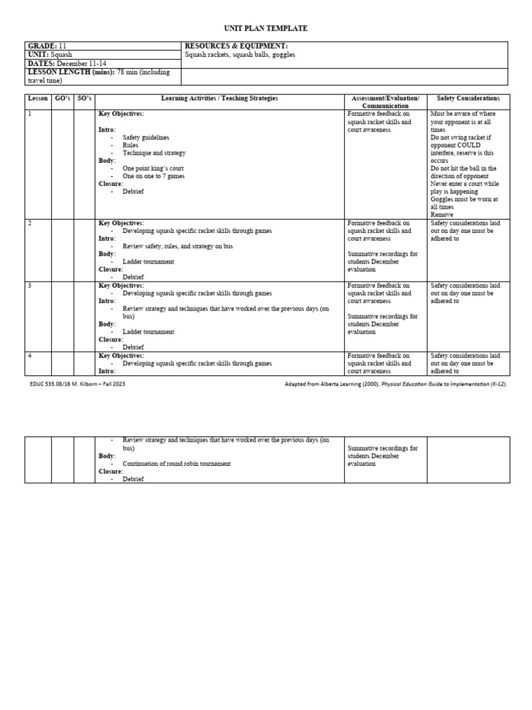 Squash Unit Plan | PDF
