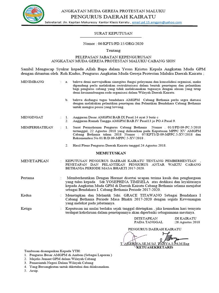 SK Pelantikan Bendahara Cabang Bethania | PDF