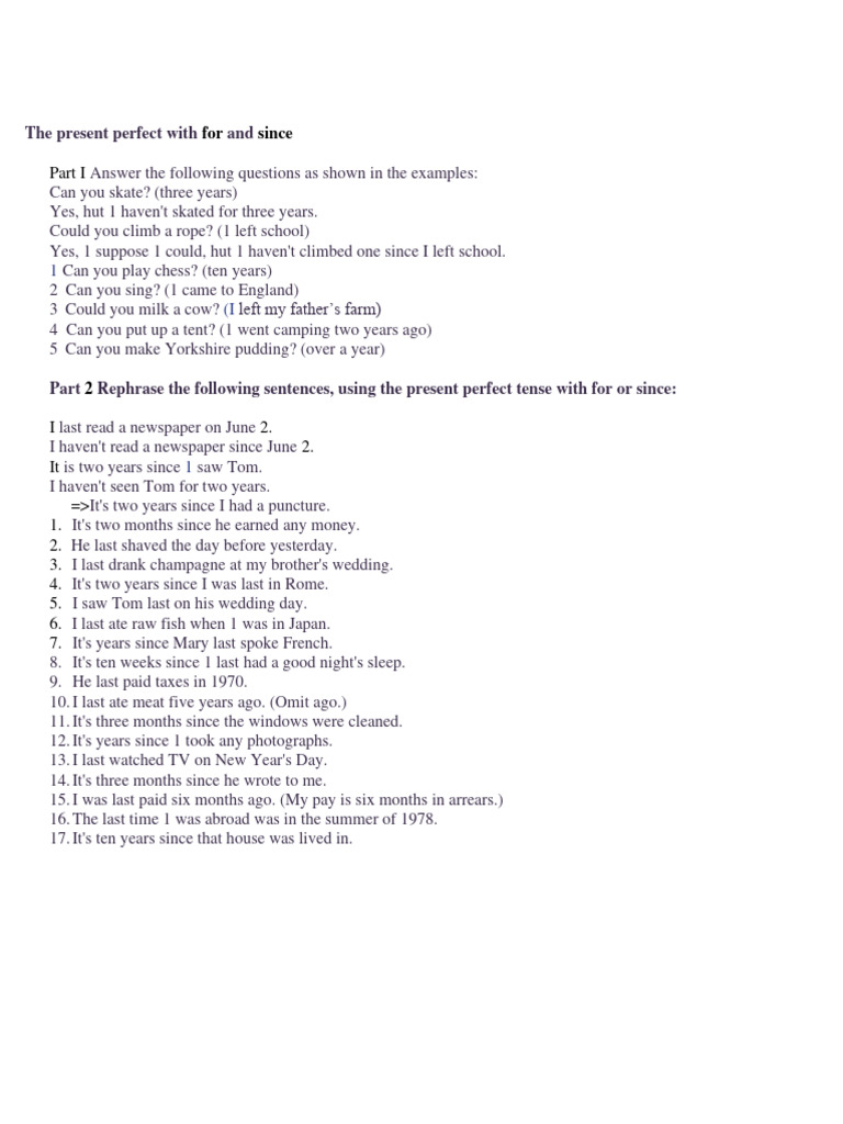 Present Perfect Tense: For vs. Since | PDF