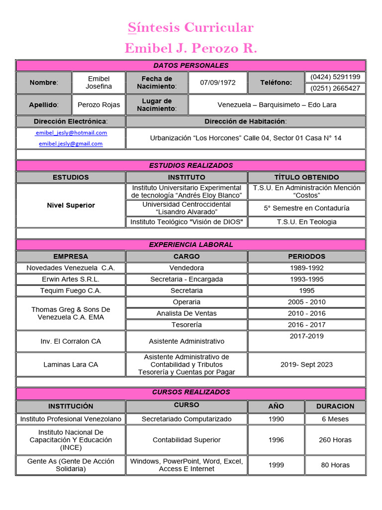 Emibel Perozo Resumen Curricular2023 | PDF | Venezuela | Informática