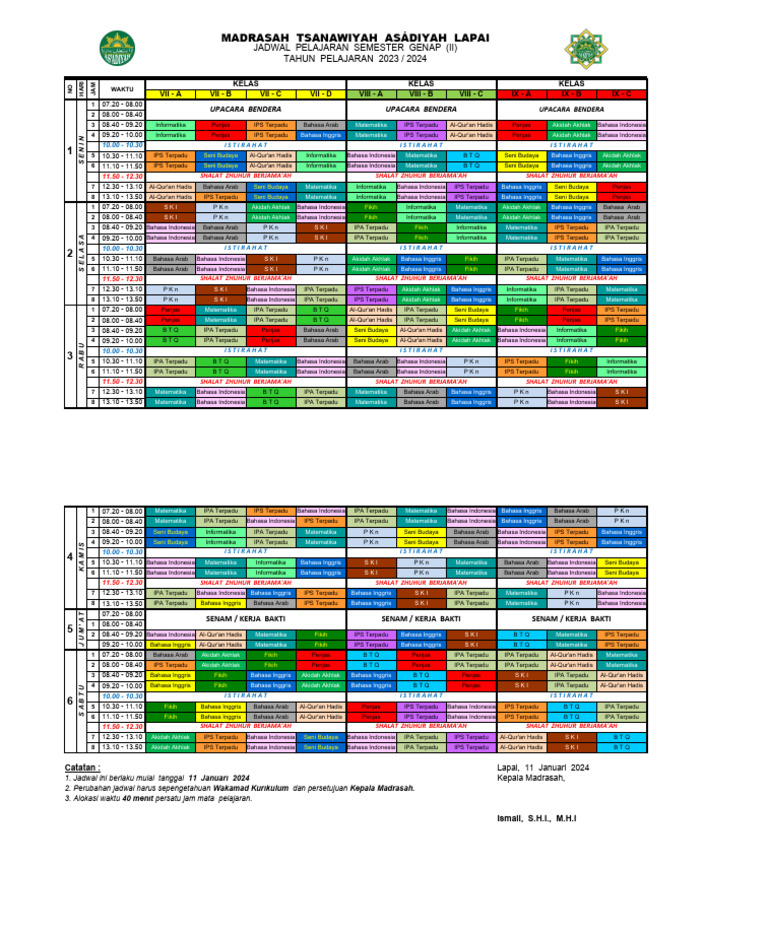 Jadwal Pelajaran MTs. As'adiyah Semester Genap (II) TP. 2023-2024 Revisi | PDF