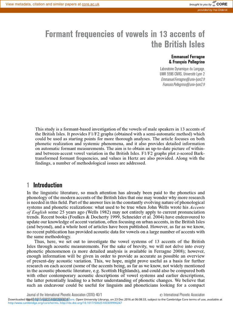 Formant Frequencies Of 13 Accents Of The British Isles Ferragne Pellegrino 2010 Pdf Vowel