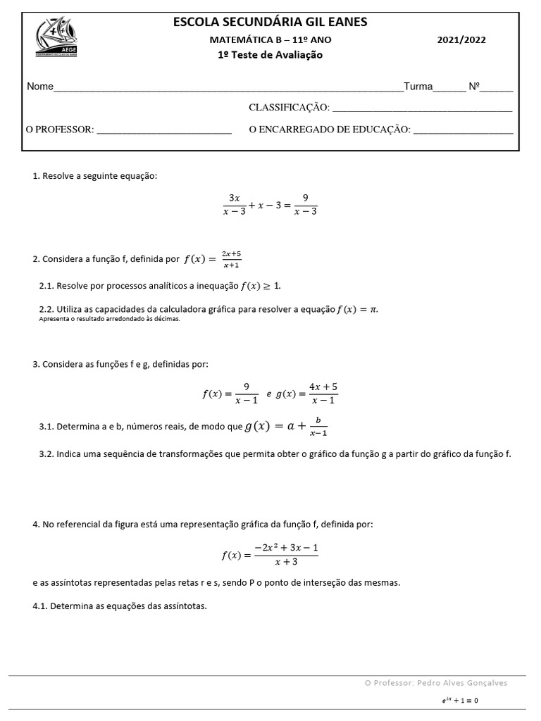 1o Teste de Avaliacao Mat B 1 | PDF | Equações | Matemática elementar 1o Teste de Avaliacao Mat B 1 | PDF | Equações | Matemática elementar