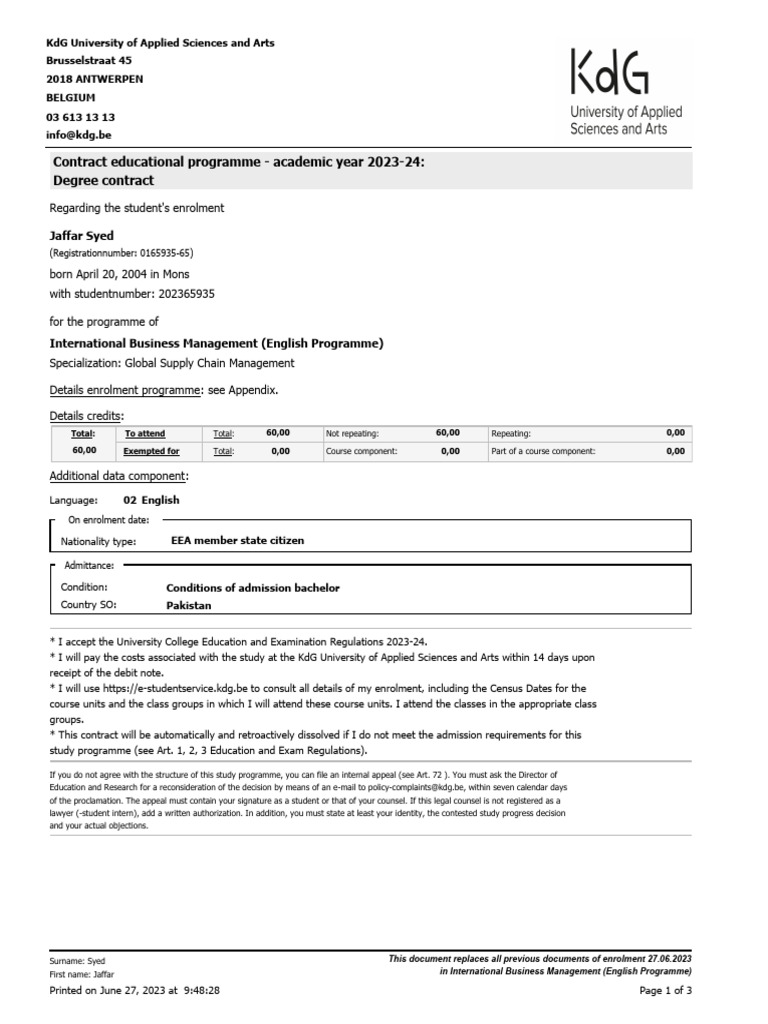 Contract Educational Programme - Academic Year 2023-24: Degree Contract | PDF | Business