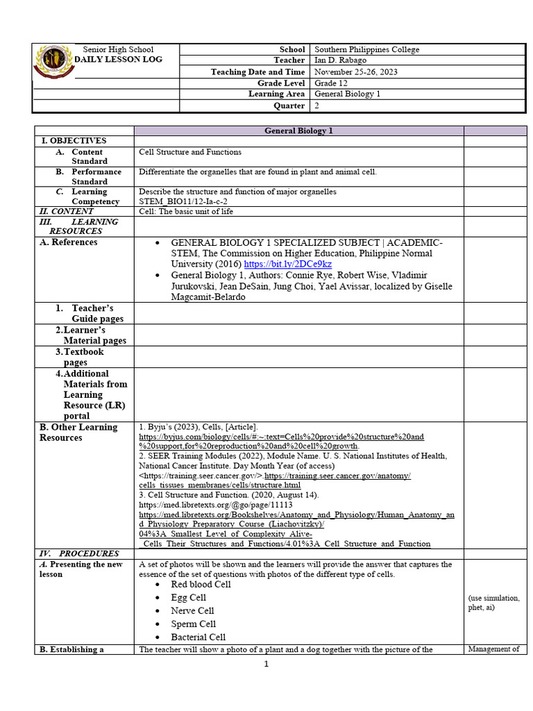 lesson plan PROFED | PDF | Endoplasmic Reticulum | Cell (Biology)