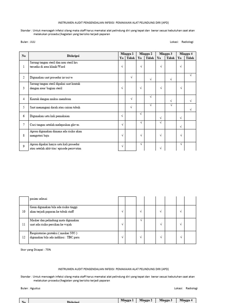 Instrumen Audit Pengendalian Infeksi Pemakaian Alat Pelindung Diri | PDF