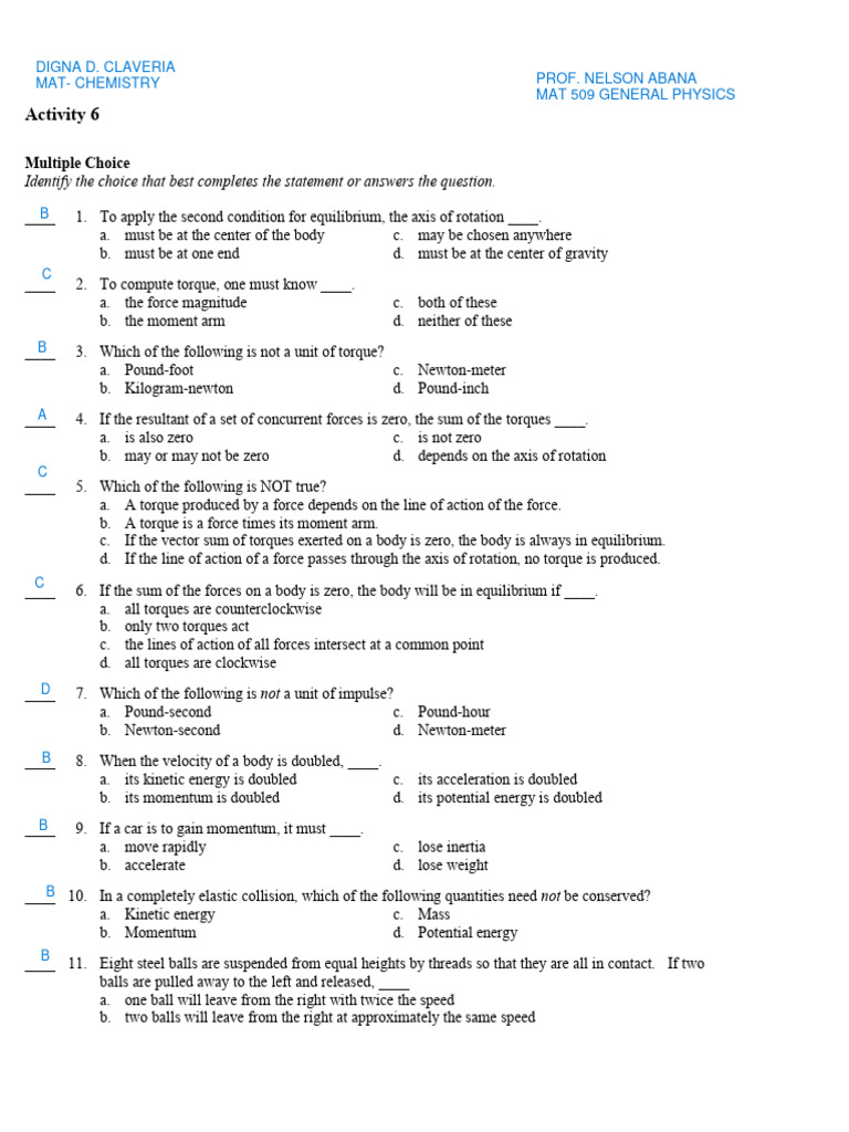 Activity 6 - D. Claveria | PDF | Momentum | Collision