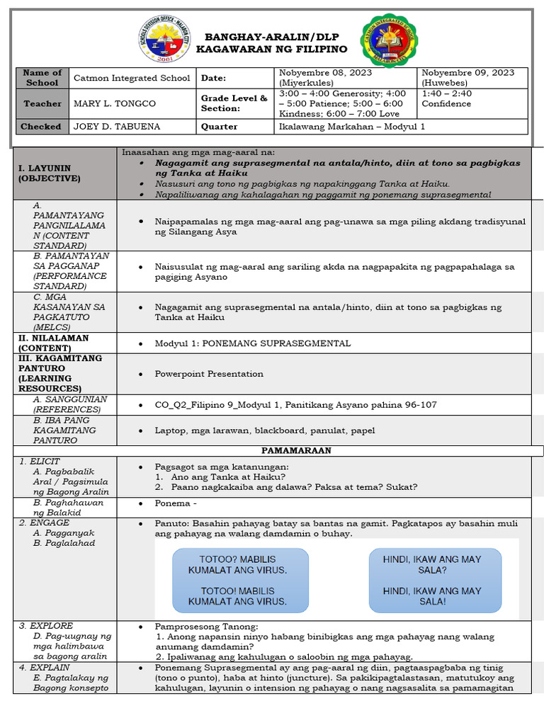 DLP-FILIPINO 9-Q2W1-Ponemang Suprasegmental | PDF