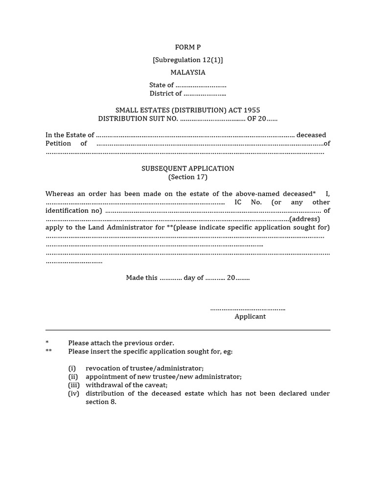 Borang P: Small Estate Application Form | PDF