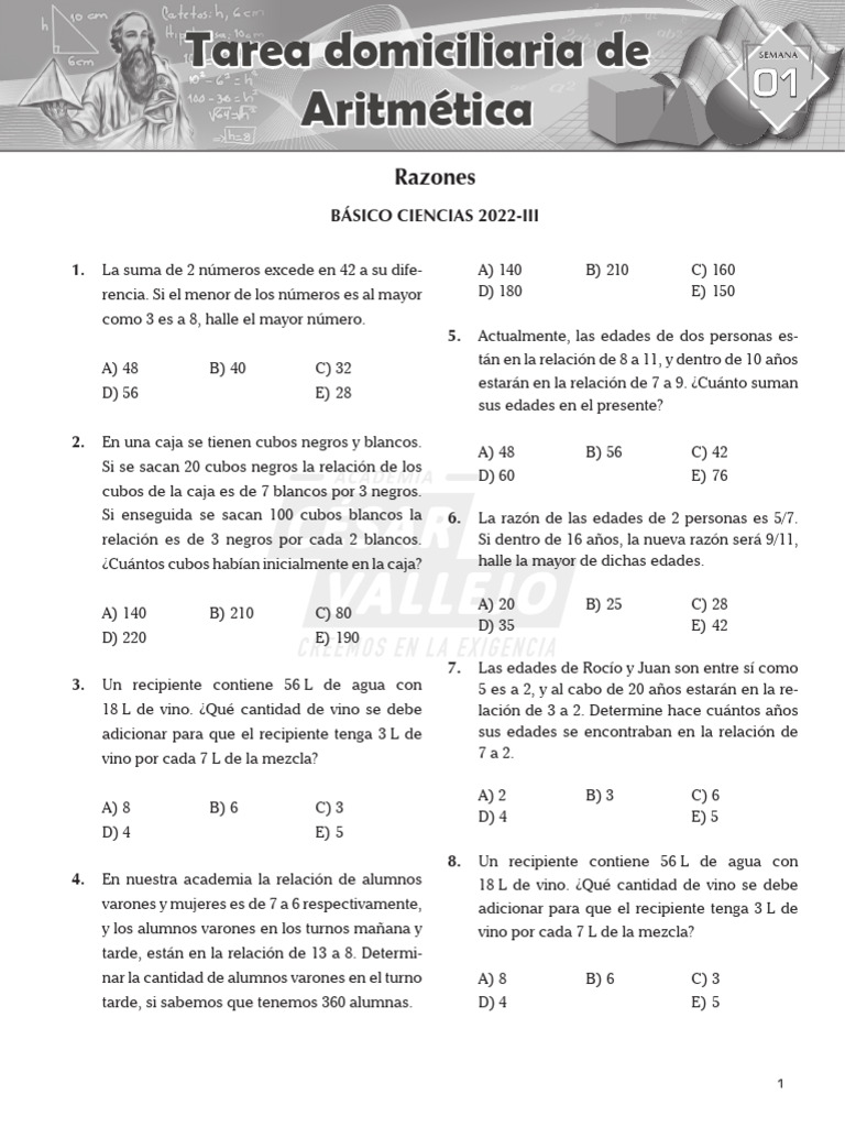 Aritmética - Básico Ciencias 2022 III - Tarea Domiciliaria - César Vallejo | PDF