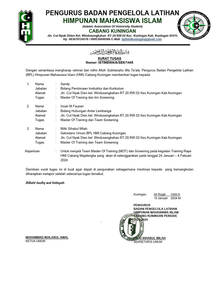 Surat Istimewa Tugas Team Master of Training Hmi Cabang Majalengka BPL Hmi Cabang Kuningan ...