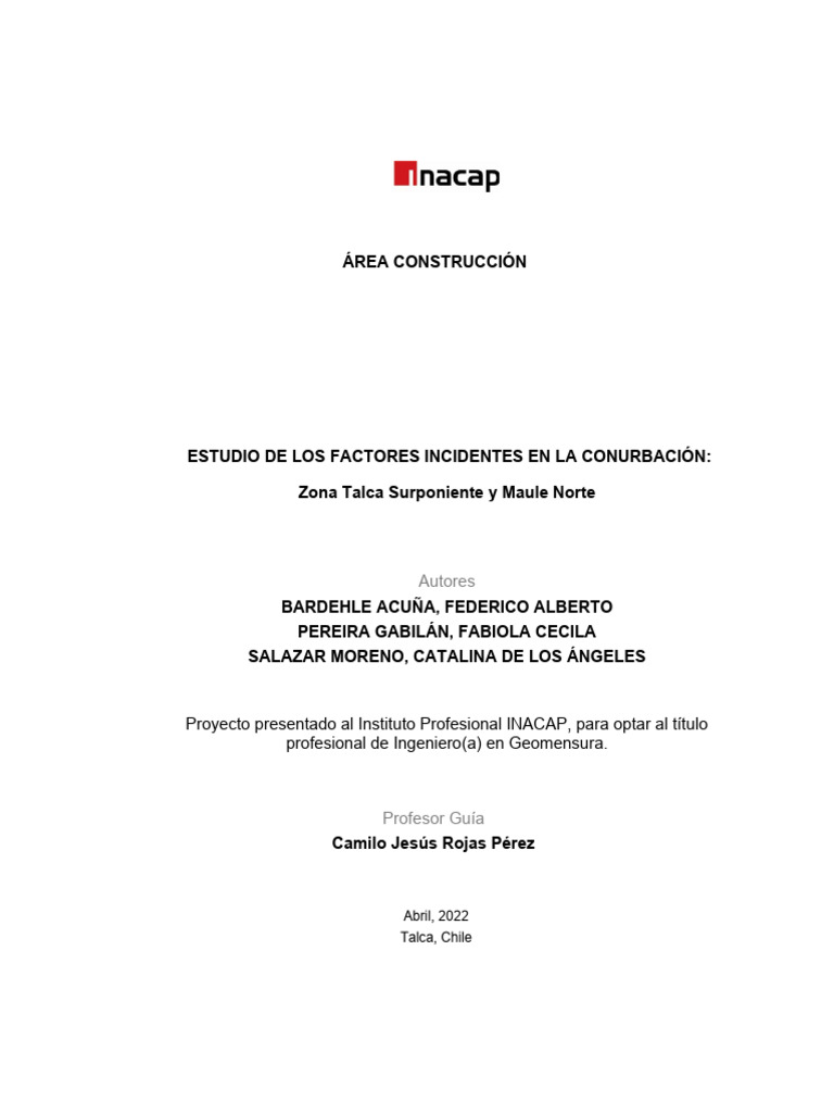 ESTUDIO DE LOS FACTORES INCIDENTES EN LA CONURBACIÓN: Zona Talca ...