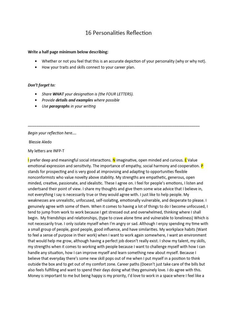 16 Personality Reflection | PDF