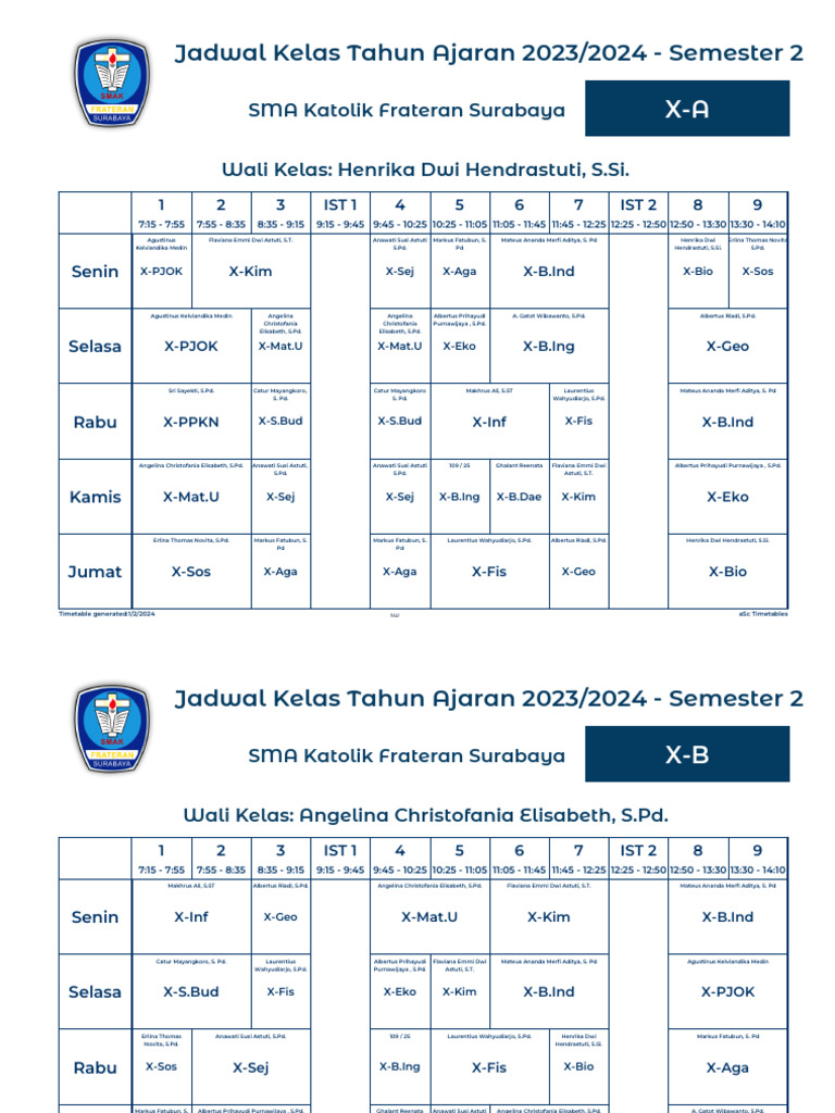 Jadwal Kelas Semester Genap Tahun Ajaran 2023-2024-A4 | PDF