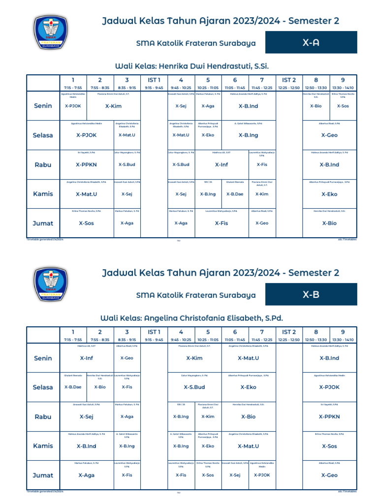 Revisi-Jadwal Kelas Semester Genap Tahun Ajaran 2023-2024 - A3 | PDF