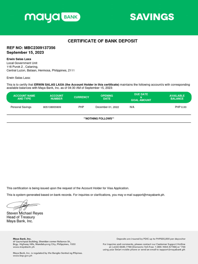 Consumer Bank Certificate MBC2309137356 23SEP15 | PDF | Finance & Money ...