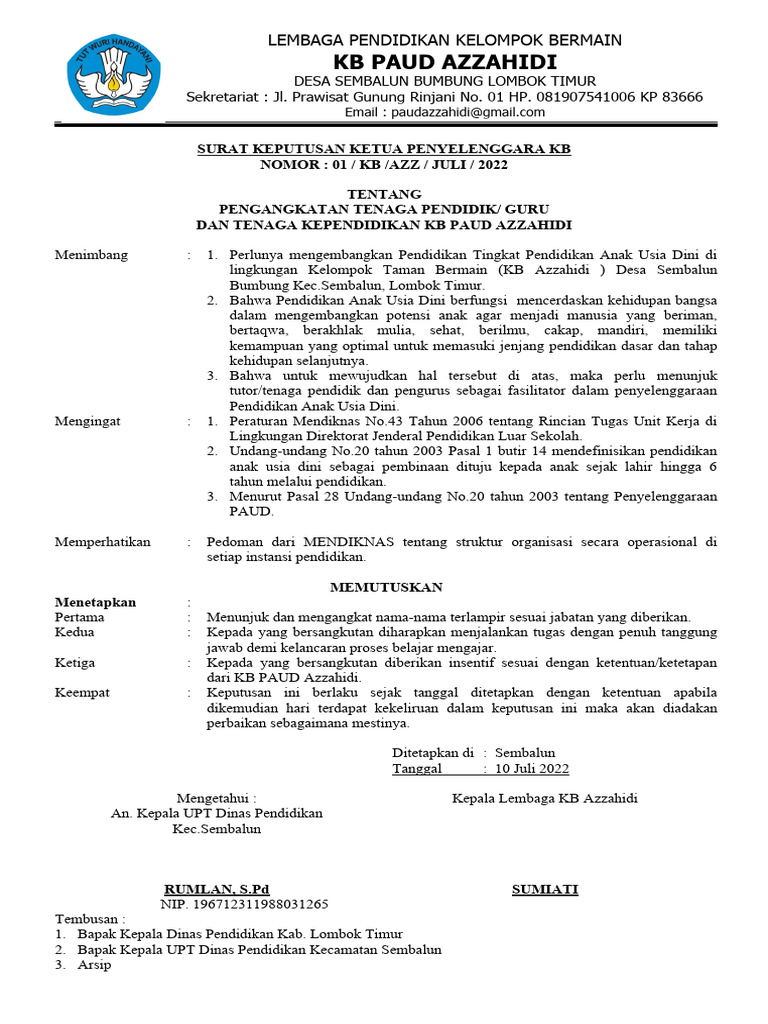 SK Pengangkatan Guru Paud TK KB | PDF