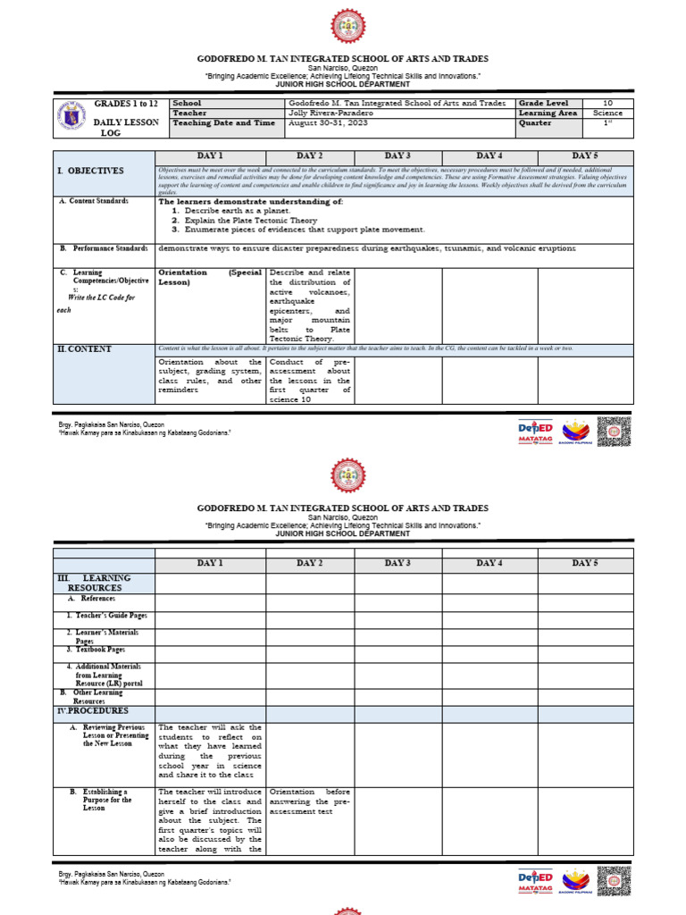 Sci10Q1W1 DLL JHR | PDF | Teachers | Human Communication
