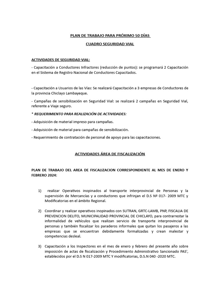 Cuadro Plan de Trabajo | PDF | Licencia de conducir