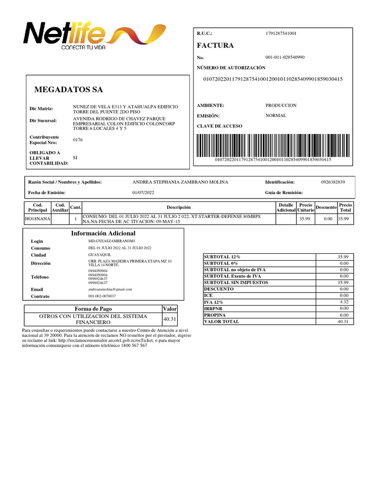 Factura - 001 011 028540990 - 01 Jul 22 | PDF | Economias | Dinero