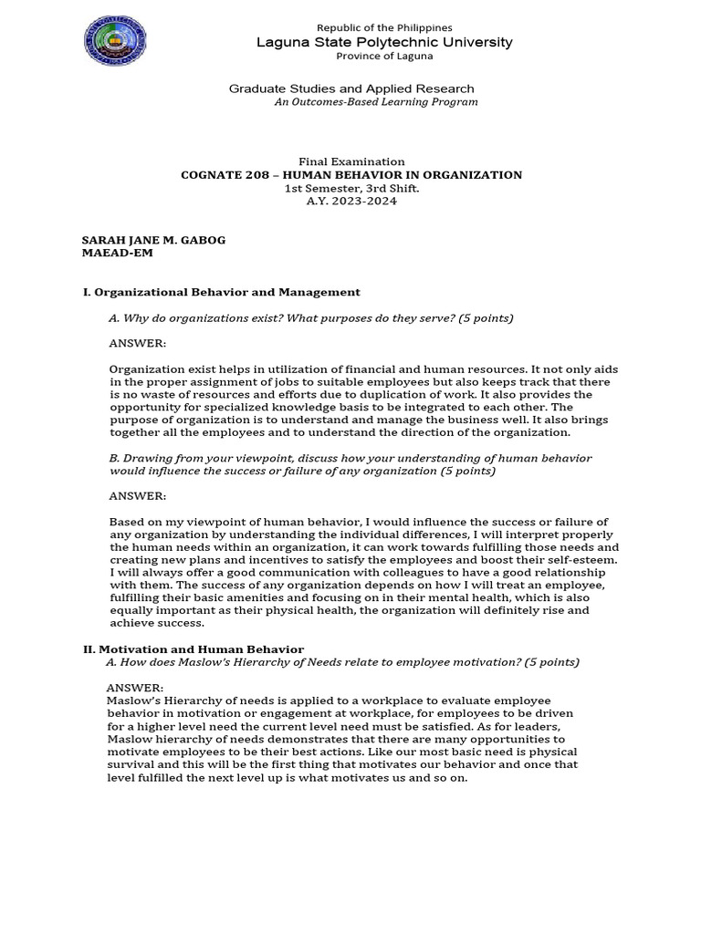 Final Examination - HBO-3rd Shift 2023 | PDF | Leadership | Motivational