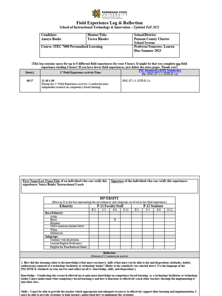 Itec 7600 Peraonalized Learning Field Experience Log PDF | PDF | Teachers | Learning