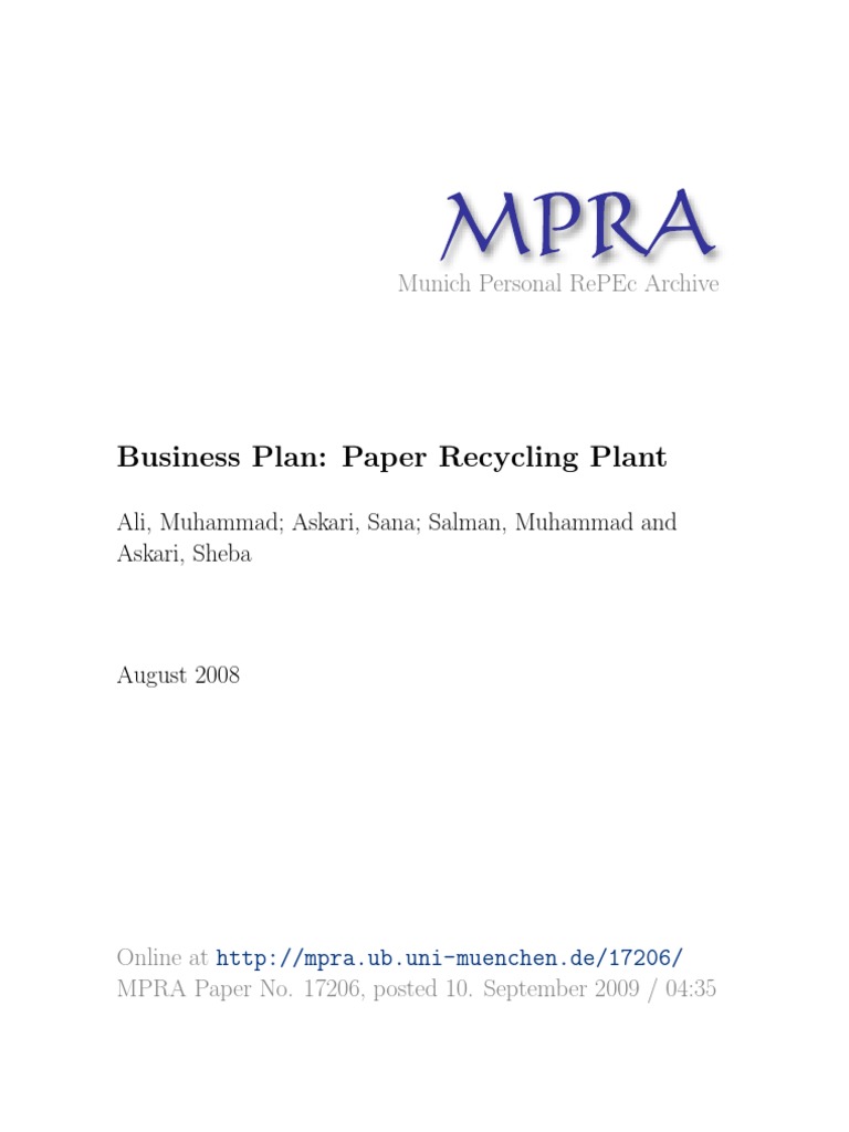 Business Plan, Paper Recycling Plant | PDF | Pulp (Paper) | Recycling