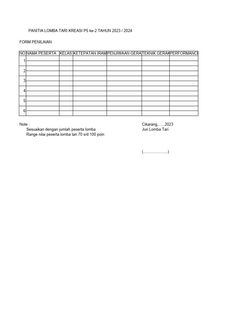 Form Penilaian Lomba Tari Kreasi - p5 - Ke-2 | PDF | Metode & Bahan Ajar