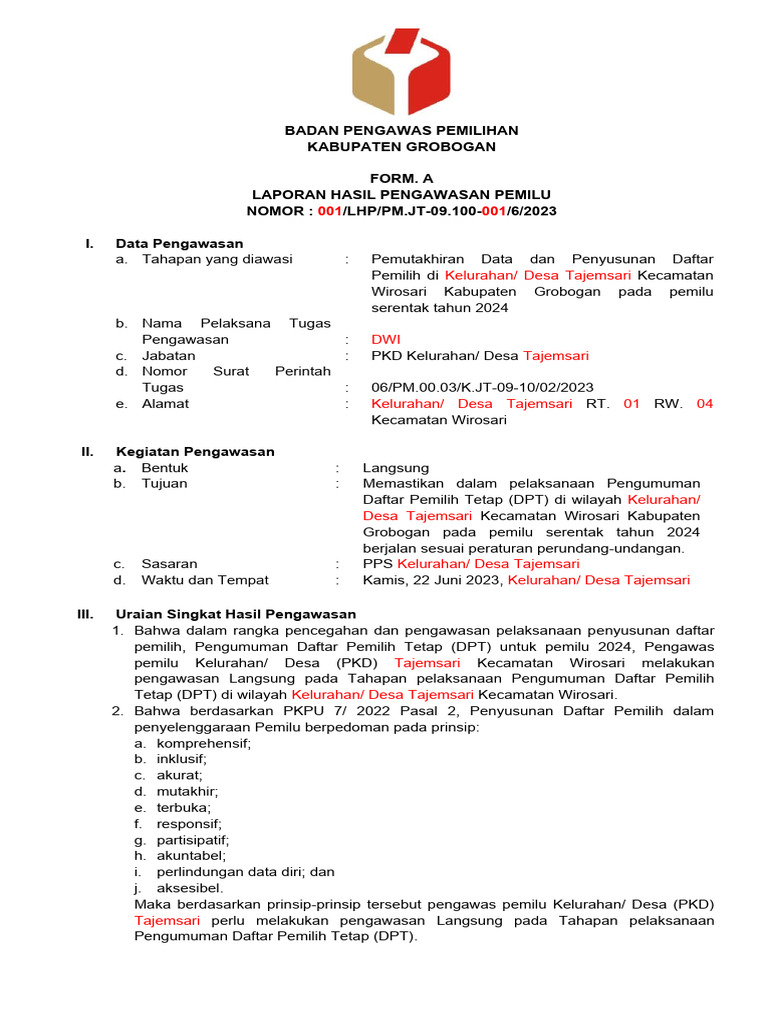 FORM A PKD Pengumuman DPT | PDF