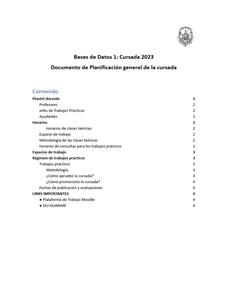 Bases de Datos 1 - Planificacion 2023.docx-1 | PDF | Moodle | Base de datos relacional