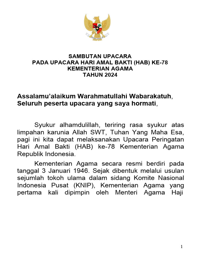Sambutan Pembina Upacara HAB Kemenag | PDF