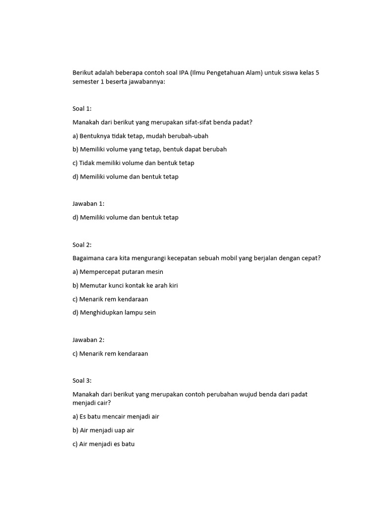 Contoh Soal IPA Kelas 5 dan Jawaban | PDF