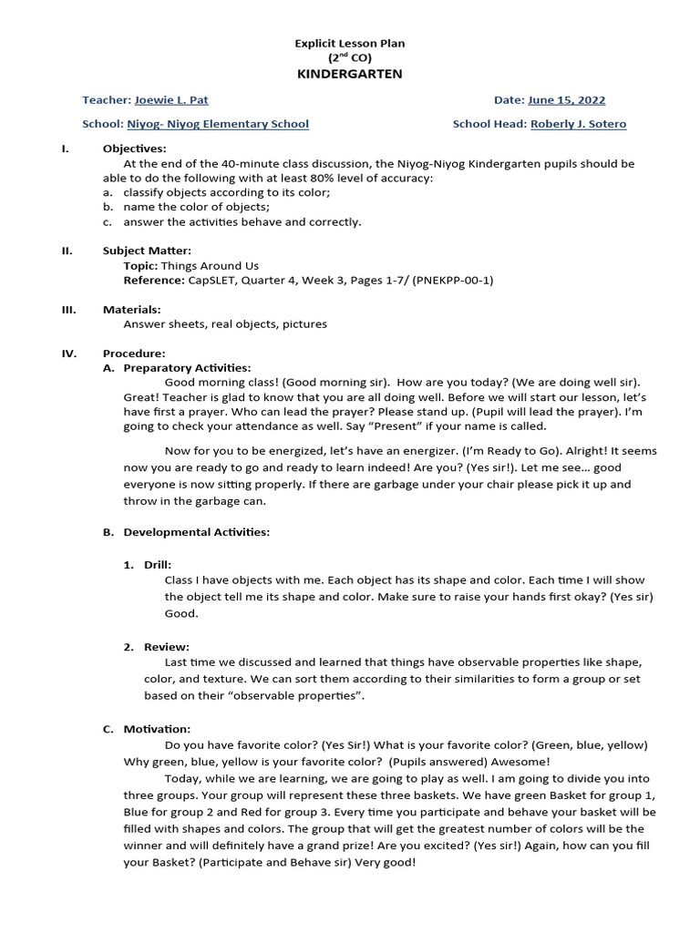 Kindergarten Colors Lesson Plan | PDF | Color | Lesson Plan