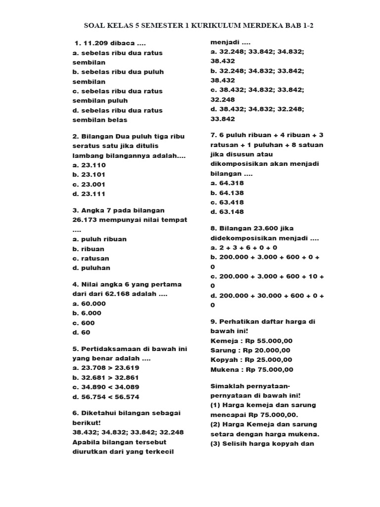 Soal Kelas 5 Semester 1 Kurikulum Merdeka Bab 1 | PDF | Metode & Bahan Ajar