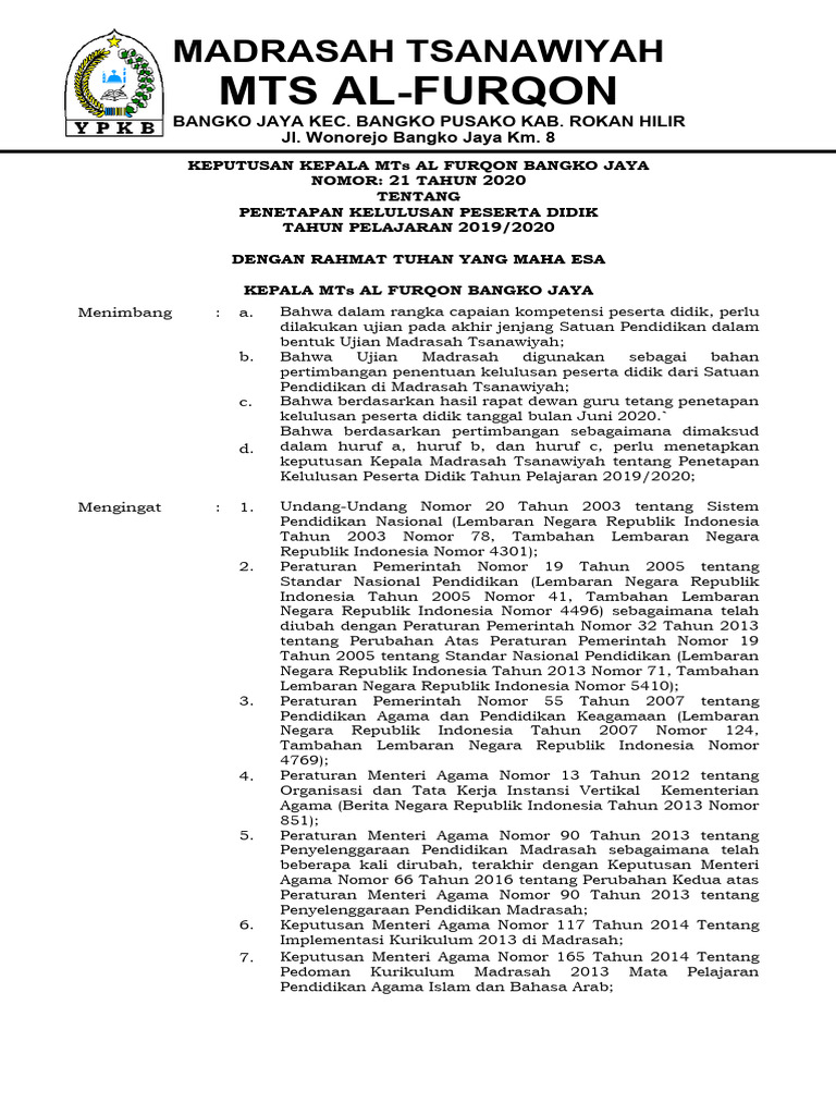 SK Kelulusan Siswa & SK Panitia Penulisan Ijazah MTs Al Furqon Bangko Jaya | PDF