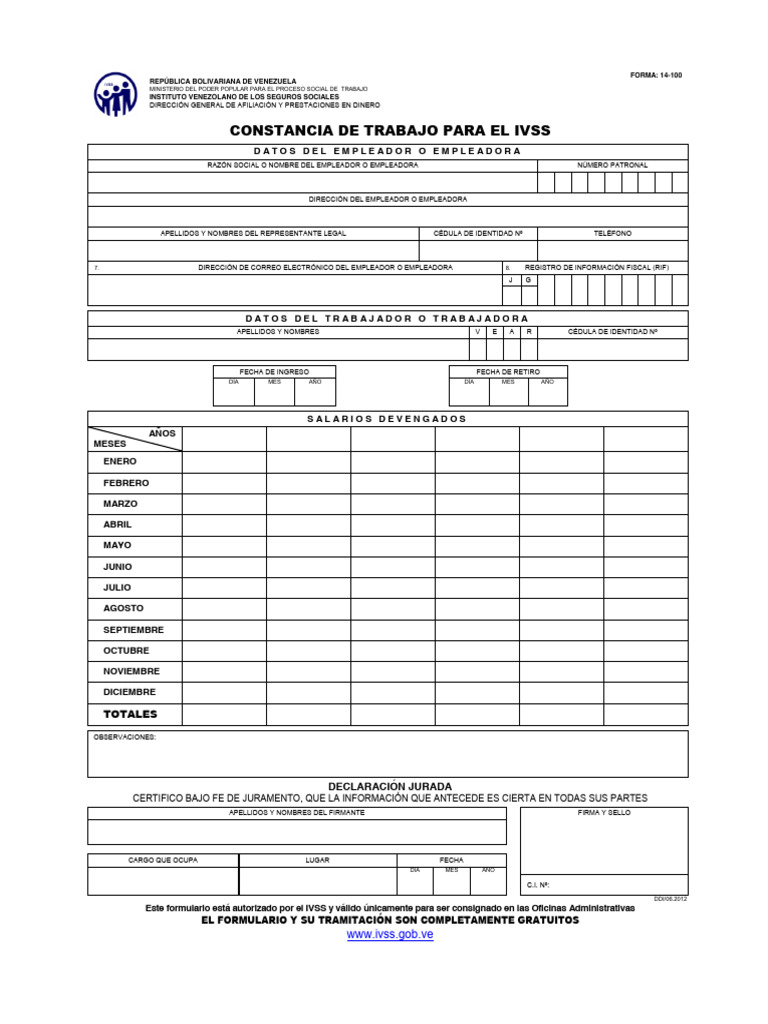 Formato 14-100 IVSS para Declaración Jurada | PDF