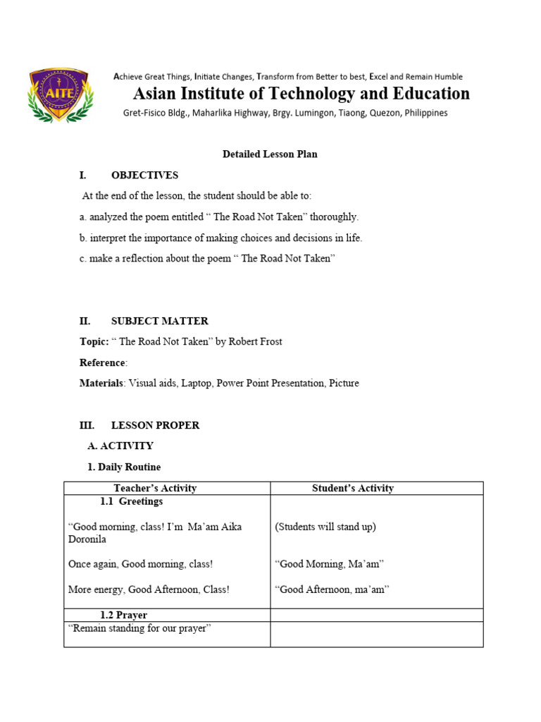 Lesson Plan for "The Road Not Taken" | PDF | Language Arts & Discipline