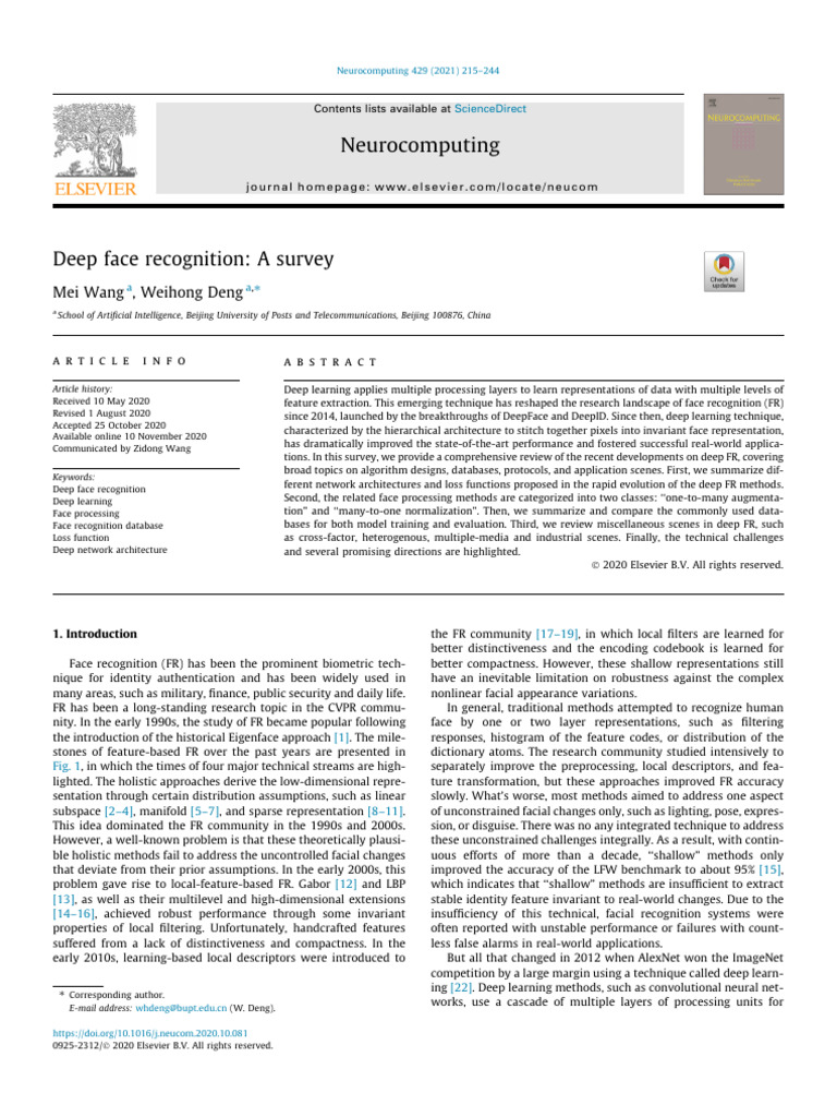 Deep Face Recognition Survey 2020 | PDF | Deep Learning | Cybernetics