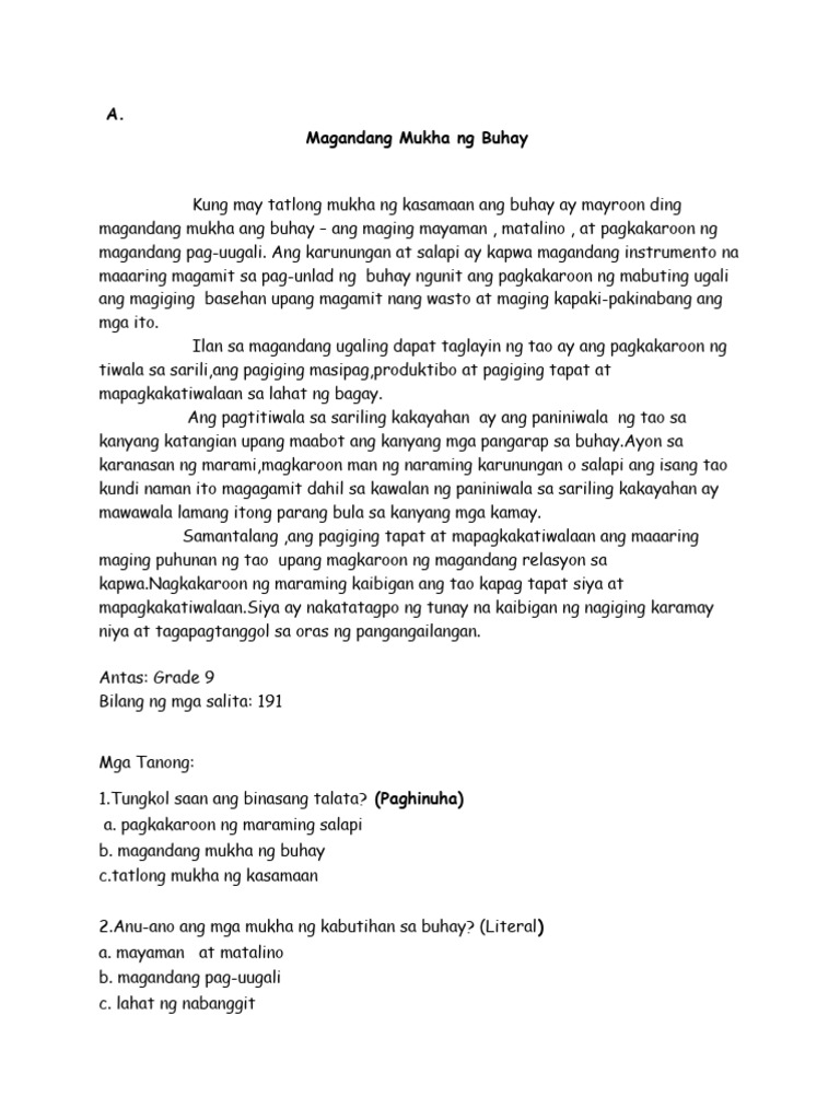 Pagbasa PhilIRI Grade 9 | PDF