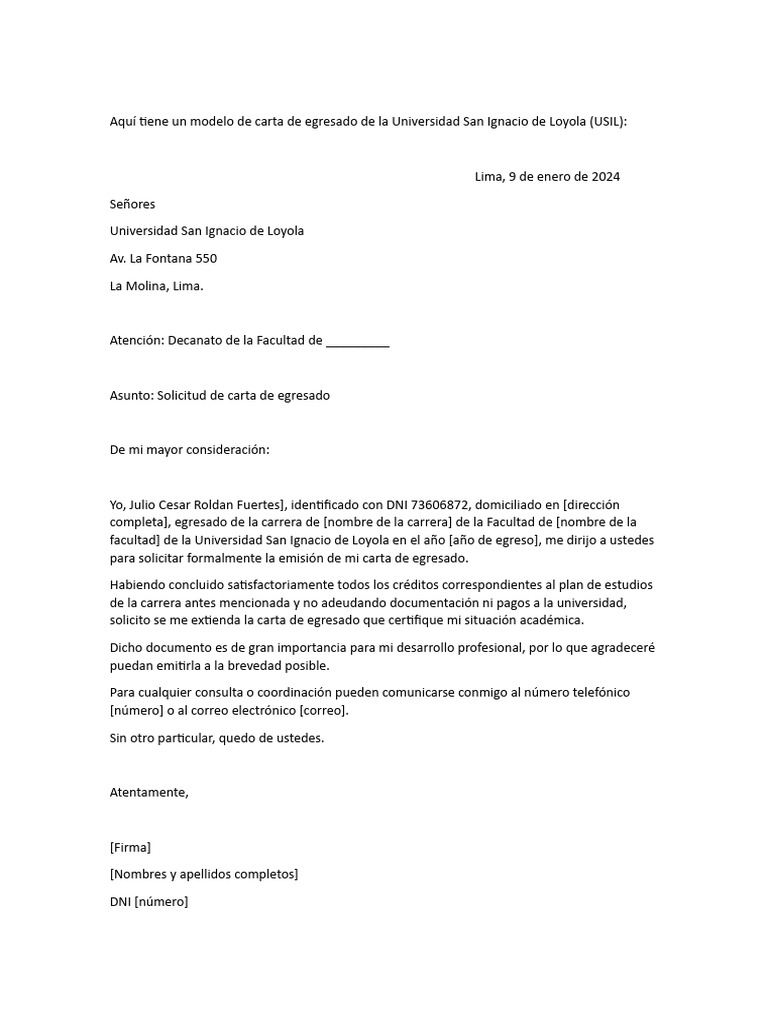 Aquí Tiene Un Modelo de Carta de Egresado de La Universidad San Ignacio ...
