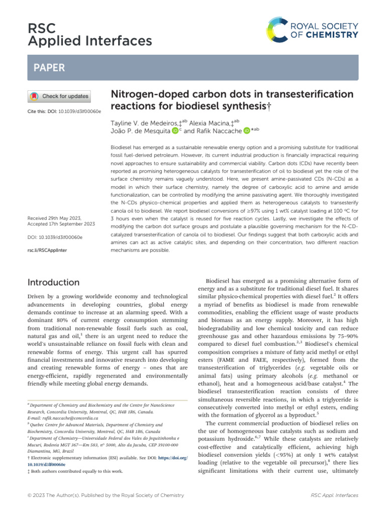 Nitrogen-Doped Carbon Dots in Transesterification | PDF | Biodiesel | Catalysis